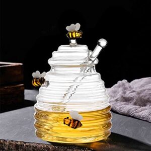 PHEZEN Honey Jars Honey Dish with Dipper and Lid, Large Glass Jar Honey Pot with Bee Statue Charms, Honey Containers Glass Honey Dispenser for Jam Syrup and Honey Home Kitchen Supplies