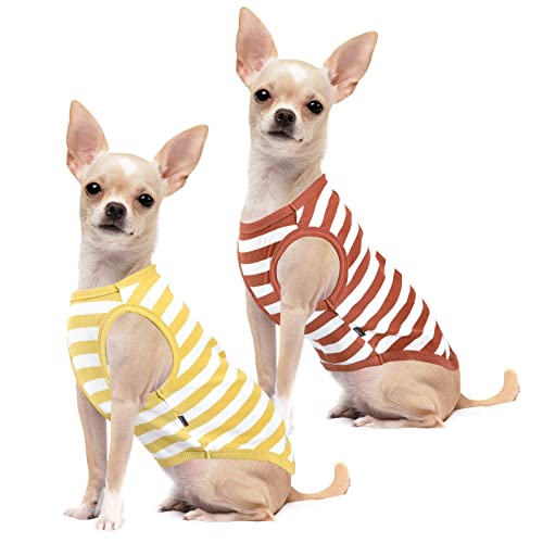 CtilFelix Dog Shirt Striped Dog Clothes Stretchy Vests Soft Cotton for Small Medium Large Dogs Boy Girl Puppy Clothes Lightweight Cat Outfit Kitten Tank Top Apparel T-Shirts Pack-2 Yellow & Rust S