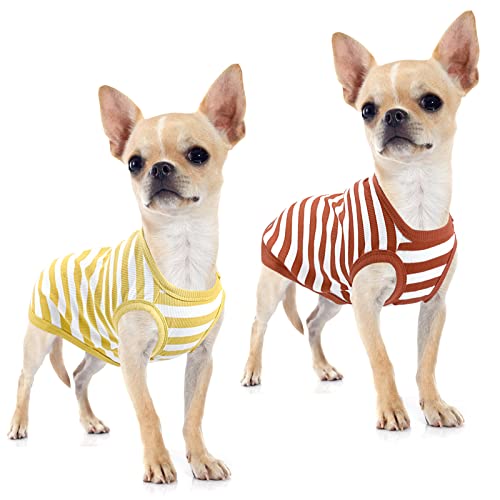 CtilFelix Dog Shirt Striped Dog Clothes Stretchy Vests Soft Cotton for Small Medium Large Dogs Boy Girl Puppy Clothes Lightweight Cat Outfit Kitten Tank Top Apparel T-Shirts Pack-2 Yellow & Rust S