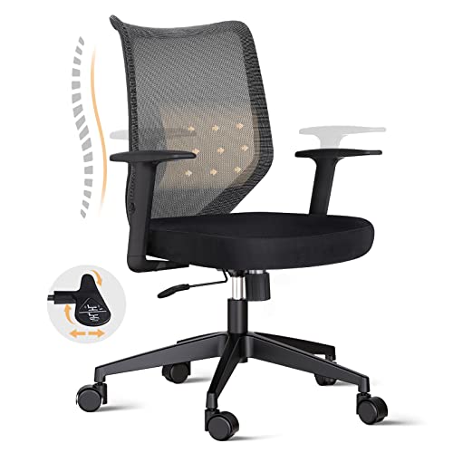 Desk Chair Ergonomic Office Chair with Adjustable Armrests, Reclining Tilt Function & Breathable Mesh Mid Back Home Office Chair with PU Wheels, Computer Task Chair with Lumbar Support & Arms (Black)