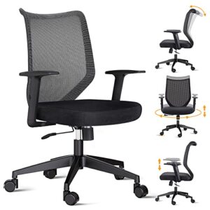 desk chair ergonomic office chair with adjustable armrests, reclining tilt function & breathable mesh mid back home office chair with pu wheels, computer task chair with lumbar support & arms (black)