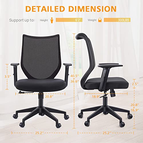 Desk Chair Ergonomic Office Chair with Adjustable Armrests, Reclining Tilt Function & Breathable Mesh Mid Back Home Office Chair with PU Wheels, Computer Task Chair with Lumbar Support & Arms (Black)