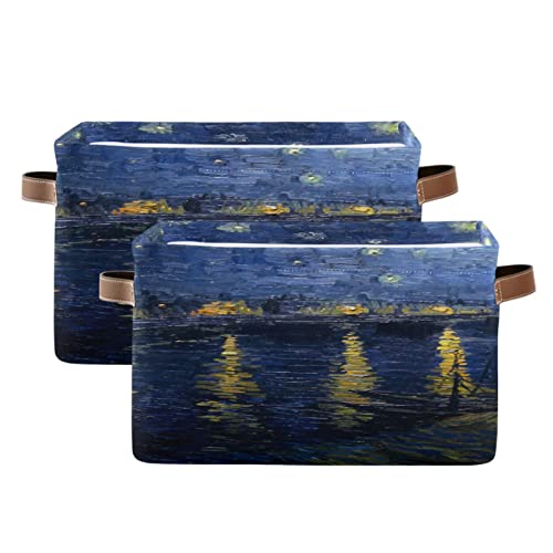 ALAZA Van Gogh Moon Art Large Storage Basket with Handles Foldable Decorative 1 Pack Storage Bin Box for Organizing Living Room Shelves Office Closet Clothes