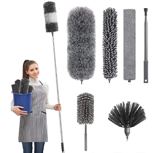 Microfiber Feather Duster 7PCS - Extendable & Bendable Dusters with Long Extension Pole, Washable Lightweight Dusters for Cleaning Ceiling Fan, High Ceiling, Blinds, Furniture, Cars