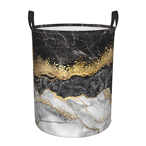 Round Single Black White Gold Foil Marble Dirty Laundry Hamper,Storage Bin Organizer Laundry Hamper Portable Laundry