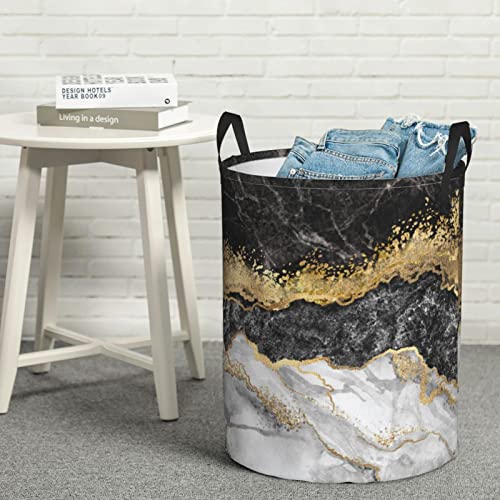 Round Single Black White Gold Foil Marble Dirty Laundry Hamper,Storage Bin Organizer Laundry Hamper Portable Laundry