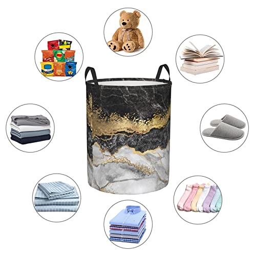 Round Single Black White Gold Foil Marble Dirty Laundry Hamper,Storage Bin Organizer Laundry Hamper Portable Laundry