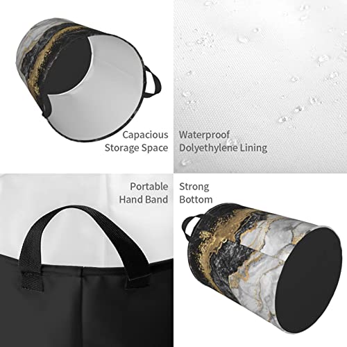 Round Single Black White Gold Foil Marble Dirty Laundry Hamper,Storage Bin Organizer Laundry Hamper Portable Laundry