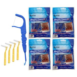 ortho floss| floss for braces| 200 count bag| pack of 4 bonus 4 interdental brush| floss dental pick fits between brace wire and teeth| quick and easy braces floss