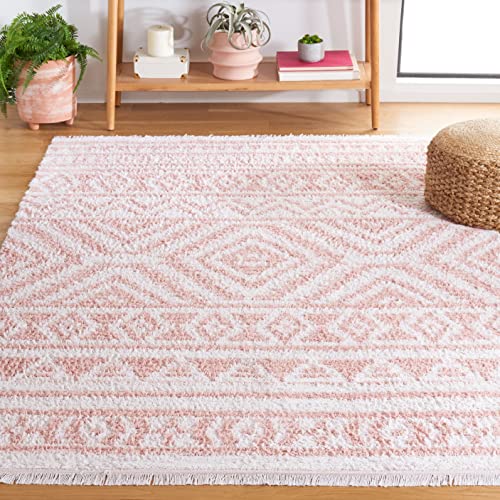 Safavieh Augustine Collection Area Rug - 5' x 7'7", Ivory & Pink, Moroccan Boho Tribal Fringe Design, Non-Shedding & Easy Care, Ideal for High Traffic Areas in Living Room, Bedroom (AGT849U)