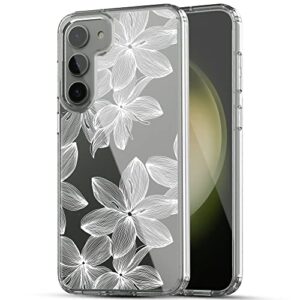 ranz galaxy s23 plus case, anti-scratch shockproof clear pc+ tpu bumper with white flower design