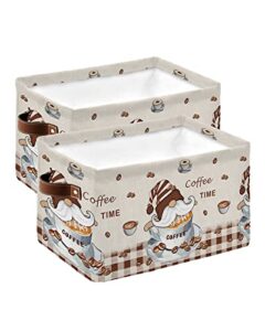 coffee time storage bins 2 pack, large waterproof storage baskets for shelves closet, gnomes coffee beans brown plaid burlap storage basket foldable storage box cube storage organizer with handles