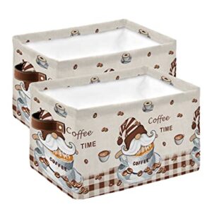 Coffee Time Storage Bins 2 Pack, Large Waterproof Storage Baskets for Shelves Closet, Gnomes Coffee Beans Brown Plaid Burlap Storage Basket Foldable Storage Box Cube Storage Organizer with Handles