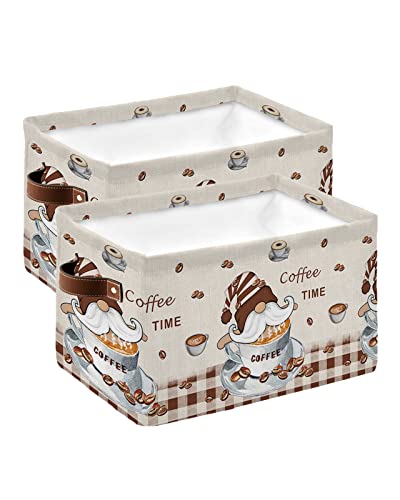 Coffee Time Storage Bins 2 Pack, Large Waterproof Storage Baskets for Shelves Closet, Gnomes Coffee Beans Brown Plaid Burlap Storage Basket Foldable Storage Box Cube Storage Organizer with Handles