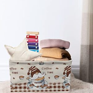 Coffee Time Storage Bins 2 Pack, Large Waterproof Storage Baskets for Shelves Closet, Gnomes Coffee Beans Brown Plaid Burlap Storage Basket Foldable Storage Box Cube Storage Organizer with Handles