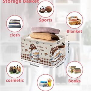 Coffee Time Storage Bins 2 Pack, Large Waterproof Storage Baskets for Shelves Closet, Gnomes Coffee Beans Brown Plaid Burlap Storage Basket Foldable Storage Box Cube Storage Organizer with Handles