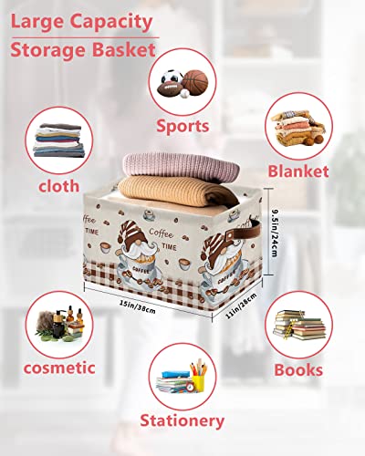 Coffee Time Storage Bins 2 Pack, Large Waterproof Storage Baskets for Shelves Closet, Gnomes Coffee Beans Brown Plaid Burlap Storage Basket Foldable Storage Box Cube Storage Organizer with Handles