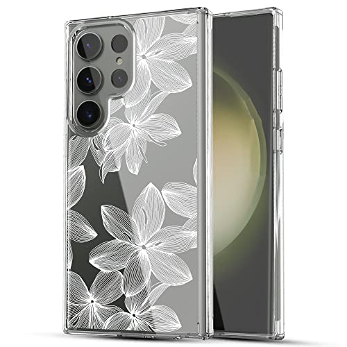 RANZ Galaxy S23 Ultra Case, Anti-Scratch Shockproof Series Clear Hard PC+ TPU Bumper Protective Cover Case for Samsung Galaxy S23 Ultra - White Flower