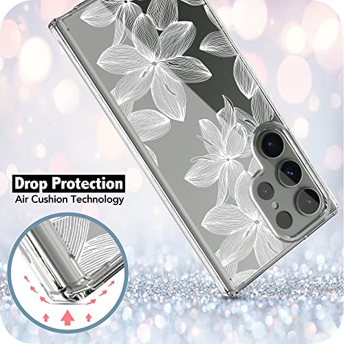 RANZ Galaxy S23 Ultra Case, Anti-Scratch Shockproof Series Clear Hard PC+ TPU Bumper Protective Cover Case for Samsung Galaxy S23 Ultra - White Flower