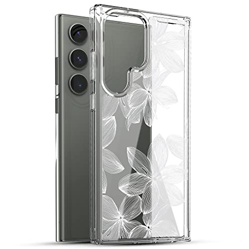 RANZ Galaxy S23 Ultra Case, Anti-Scratch Shockproof Series Clear Hard PC+ TPU Bumper Protective Cover Case for Samsung Galaxy S23 Ultra - White Flower