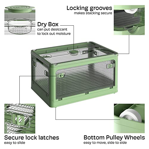 WYZworks Foldable Storage Box Tote w/Wheels Moving Friendly Transparent 5 Door 20L Stackable for Clothing, Shoe Closet, Snack Pantry, Garage, Dorm Quick Collapsible Organizing Toy Bin With Lid Green