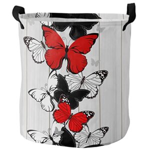 red black white butterfly laundry basket large 16.5"x17" waterproof laundry hamper, vintage white wooden grain collapsible toys blankets storage baskets clothes hamper for bathroom bedroom living room