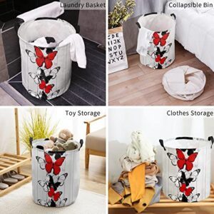 Red Black White Butterfly Laundry Basket Large 16.5"x17" Waterproof Laundry Hamper, Vintage White Wooden Grain Collapsible Toys Blankets Storage Baskets Clothes Hamper for Bathroom Bedroom Living Room