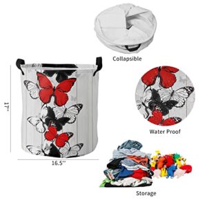 Red Black White Butterfly Laundry Basket Large 16.5"x17" Waterproof Laundry Hamper, Vintage White Wooden Grain Collapsible Toys Blankets Storage Baskets Clothes Hamper for Bathroom Bedroom Living Room