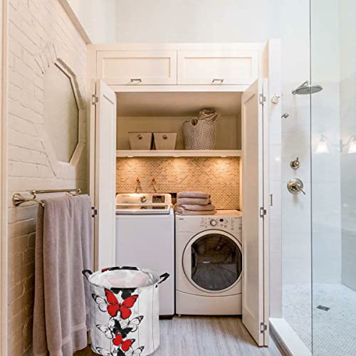 Red Black White Butterfly Laundry Basket Large 16.5"x17" Waterproof Laundry Hamper, Vintage White Wooden Grain Collapsible Toys Blankets Storage Baskets Clothes Hamper for Bathroom Bedroom Living Room