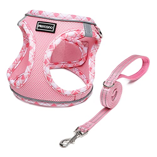 Mercano Soft Mesh Dog Harness and Leash Set, No-Chock Step-in Reflective Breathable Lightweight Easy Walk Escape Proof Vest Harnesses with Safety Buckle for Small Medium Dogs, Cats (Pink, M)