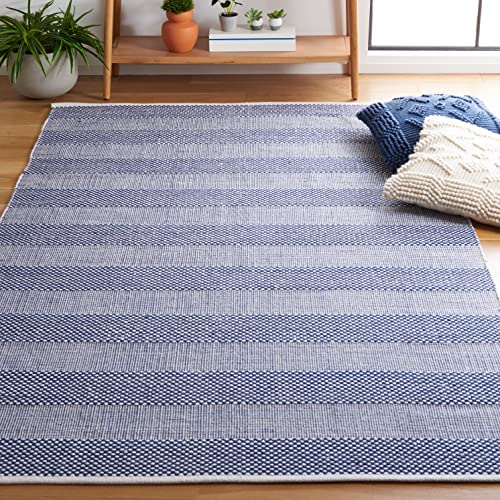 Safavieh Striped Kilim Collection Area Rug - 5' x 8', Ivory & Blue, Flat Weave Cotton Design, Easy Care, Ideal for High Traffic Areas in Living Room, Bedroom (STK802M)