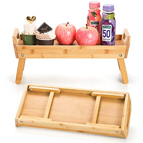 AVLA 2 Pack Bamboo Serving Platter, Serving Board on Stand, Party Raised Serving Appetizer Tray, Decorative Dessert Table Display Shelf Organizer, Cheese Charcuterie Boards Riser with Handle