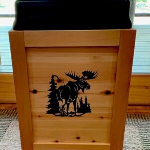 New Rustic Moose Wood Kitchen Trash Bin Garbage Can 33 Gal Cabin Western Decor New Commerial Grade Heavy Duty Swing in lid Upgraded Lid Wonderful