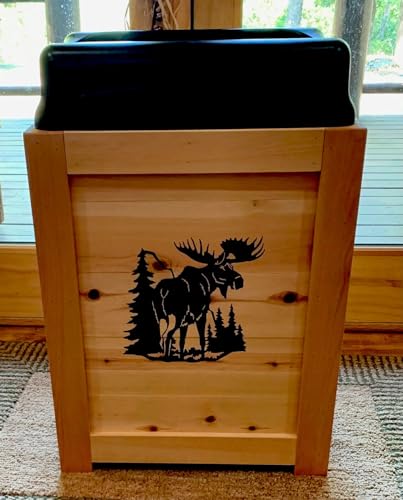 New Rustic Moose Wood Kitchen Trash Bin Garbage Can 33 Gal Cabin Western Decor New Commerial Grade Heavy Duty Swing in lid Upgraded Lid Wonderful