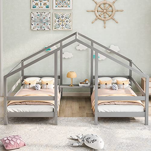 Double Twin Size Platform Beds with Built-in Table,Wood House Twin Beds Frames with Canopy Triangular Roof for Kids Teens Adults,Wood Slats Support/No Box Spring Needed,Gray