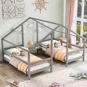 Double Twin Size Platform Beds with Built-in Table,Wood House Twin Beds Frames with Canopy Triangular Roof for Kids Teens Adults,Wood Slats Support/No Box Spring Needed,Gray