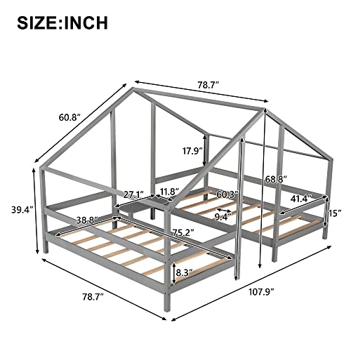 Double Twin Size Platform Beds with Built-in Table,Wood House Twin Beds Frames with Canopy Triangular Roof for Kids Teens Adults,Wood Slats Support/No Box Spring Needed,Gray