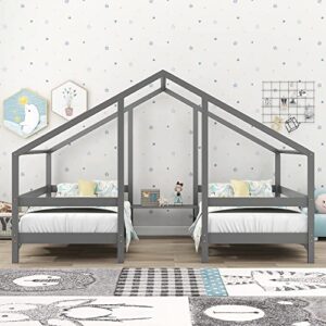 Double Twin Size Platform Beds with Built-in Table,Wood House Twin Beds Frames with Canopy Triangular Roof for Kids Teens Adults,Wood Slats Support/No Box Spring Needed,Gray