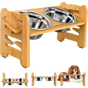 seasoulstar elevated dog bowls for small dogs and cats -tilted adjustable raised dog bowls with 2 stainless steel bowls,non-slip bamboo dog cat feeder