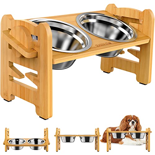 SEASOULSTAR Elevated Dog Bowls for Small Dogs and Cats -Tilted Adjustable Raised Dog Bowls with 2 Stainless Steel Bowls,Non-Slip Bamboo Dog Cat Feeder