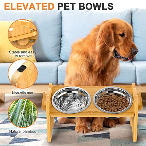 SEASOULSTAR Elevated Dog Bowls for Small Dogs and Cats -Tilted Adjustable Raised Dog Bowls with 2 Stainless Steel Bowls,Non-Slip Bamboo Dog Cat Feeder