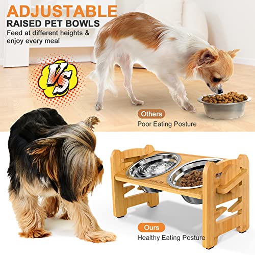 SEASOULSTAR Elevated Dog Bowls for Small Dogs and Cats -Tilted Adjustable Raised Dog Bowls with 2 Stainless Steel Bowls,Non-Slip Bamboo Dog Cat Feeder