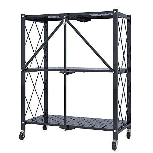 Wellynap 3-Tier Foldable Standing Shelf, Metal Rack Storage Shelving Units with Rolling Wheels, Moving Easily Organizer Shelves Great for Garage Kitchen, Black