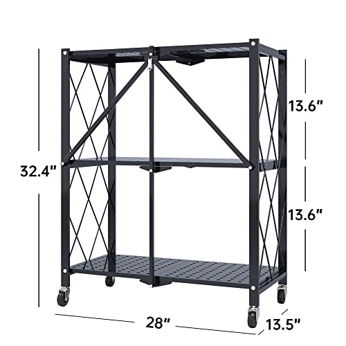 Wellynap 3-Tier Foldable Standing Shelf, Metal Rack Storage Shelving Units with Rolling Wheels, Moving Easily Organizer Shelves Great for Garage Kitchen, Black