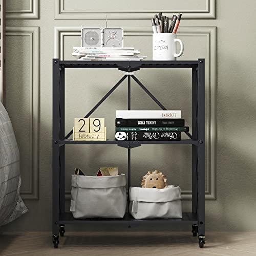 Wellynap 3-Tier Foldable Standing Shelf, Metal Rack Storage Shelving Units with Rolling Wheels, Moving Easily Organizer Shelves Great for Garage Kitchen, Black