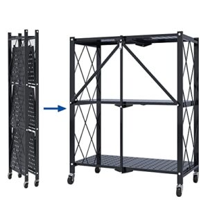 Wellynap 3-Tier Foldable Standing Shelf, Metal Rack Storage Shelving Units with Rolling Wheels, Moving Easily Organizer Shelves Great for Garage Kitchen, Black