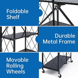 Wellynap 3-Tier Foldable Standing Shelf, Metal Rack Storage Shelving Units with Rolling Wheels, Moving Easily Organizer Shelves Great for Garage Kitchen, Black