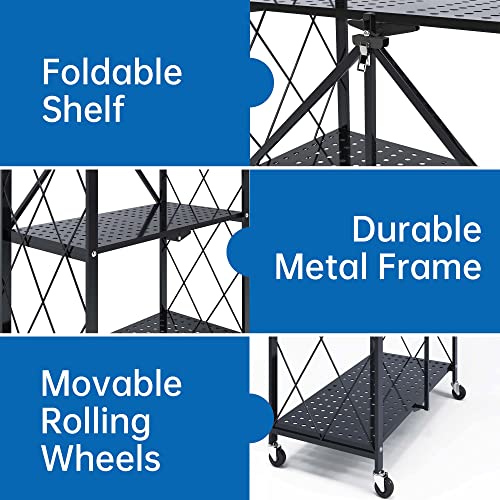 Wellynap 3-Tier Foldable Standing Shelf, Metal Rack Storage Shelving Units with Rolling Wheels, Moving Easily Organizer Shelves Great for Garage Kitchen, Black