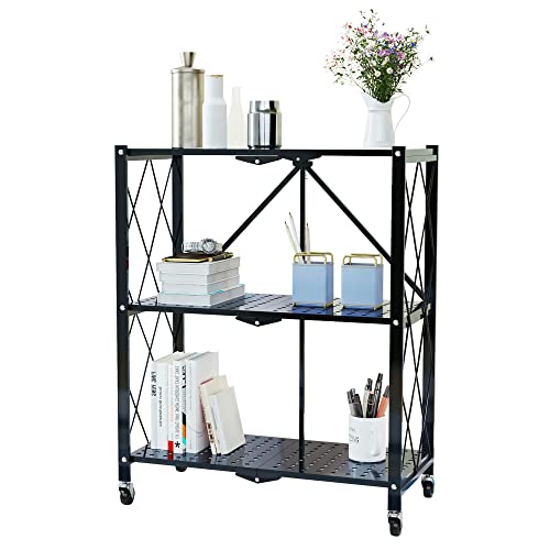 Wellynap 3-Tier Foldable Standing Shelf, Metal Rack Storage Shelving Units with Rolling Wheels, Moving Easily Organizer Shelves Great for Garage Kitchen, Black