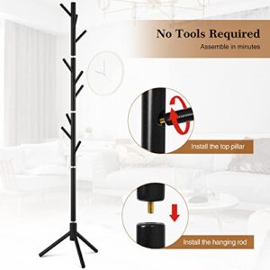 NicQliear Wooden Freestanding Coat Rack with 9 Hooks, Adjustable Coat Rack Stand 69.3" to Hang Clothes/Bags/Hats, Standing Coat Tree Perfect for Bedroom/Entryway/Hallway, Easy Assembly, Black